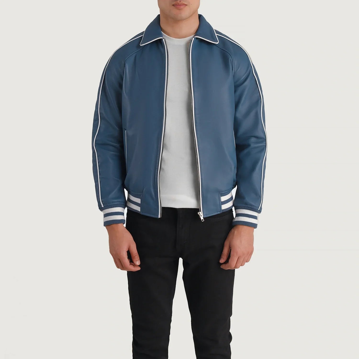 Pg Signature Blue Leather Varsity Jacket-GLJK72 – G O A T